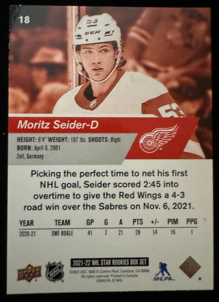 2021-22 Upper Deck NHL Star Rookie Box Set - #18 Moritz Seider (RC) NM+ ...