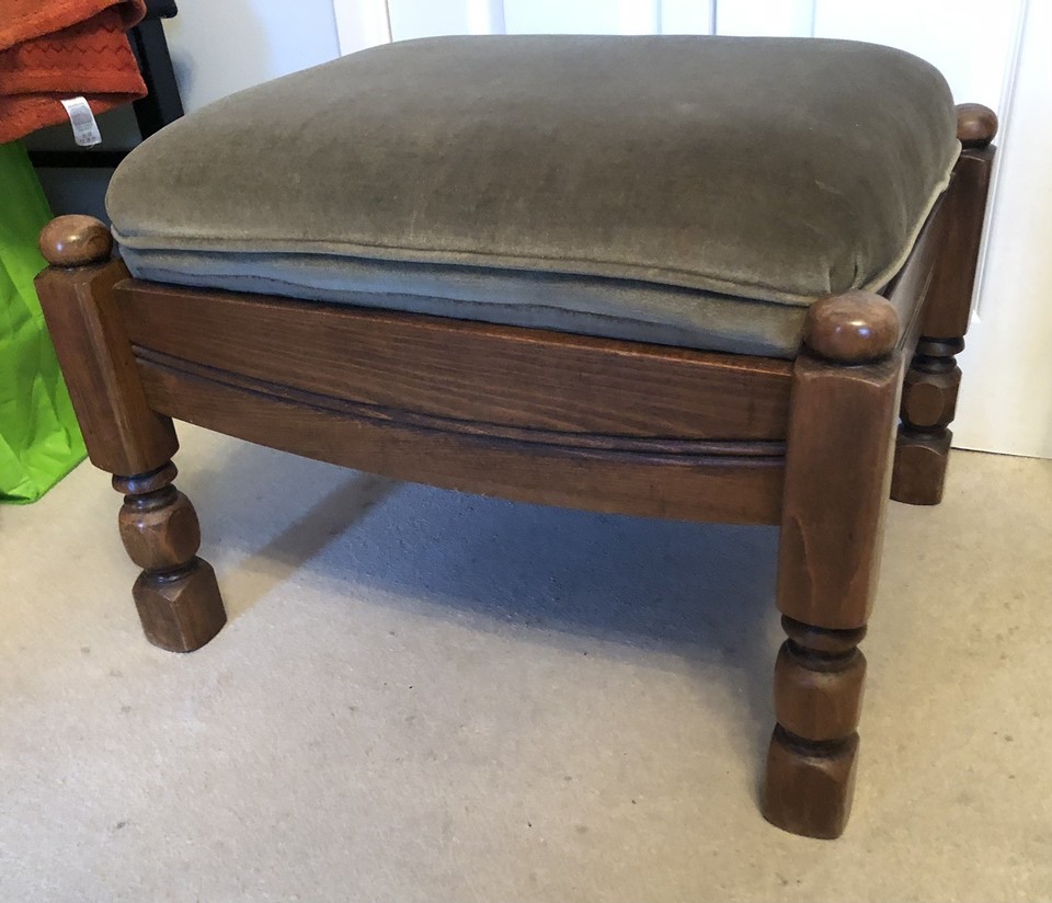 Lovely Vintage Olive Green Velour Chunky Padded Dark Turned Wood Stool ...