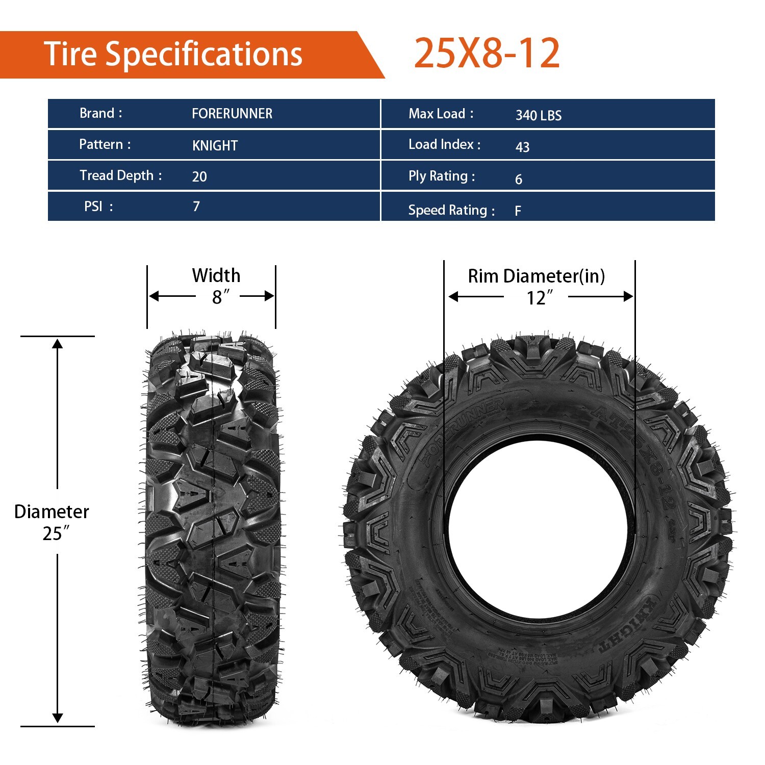 Set of 2 25x8-12 ATV Tires 6 ply 25 8 12 UTV Tires 25x8x12 All Terrain ...