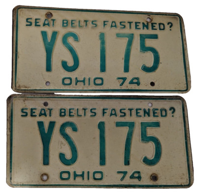 Ohio license Plates Matched Set Pair 1974 YS 175 White w Green Border ...