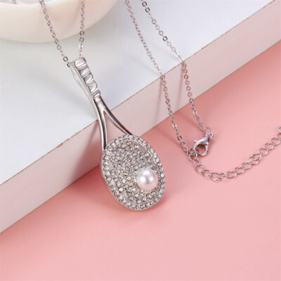 Crystal Rhinestone TENNIS RACKET Platinum Necklace Pendant Made with ...