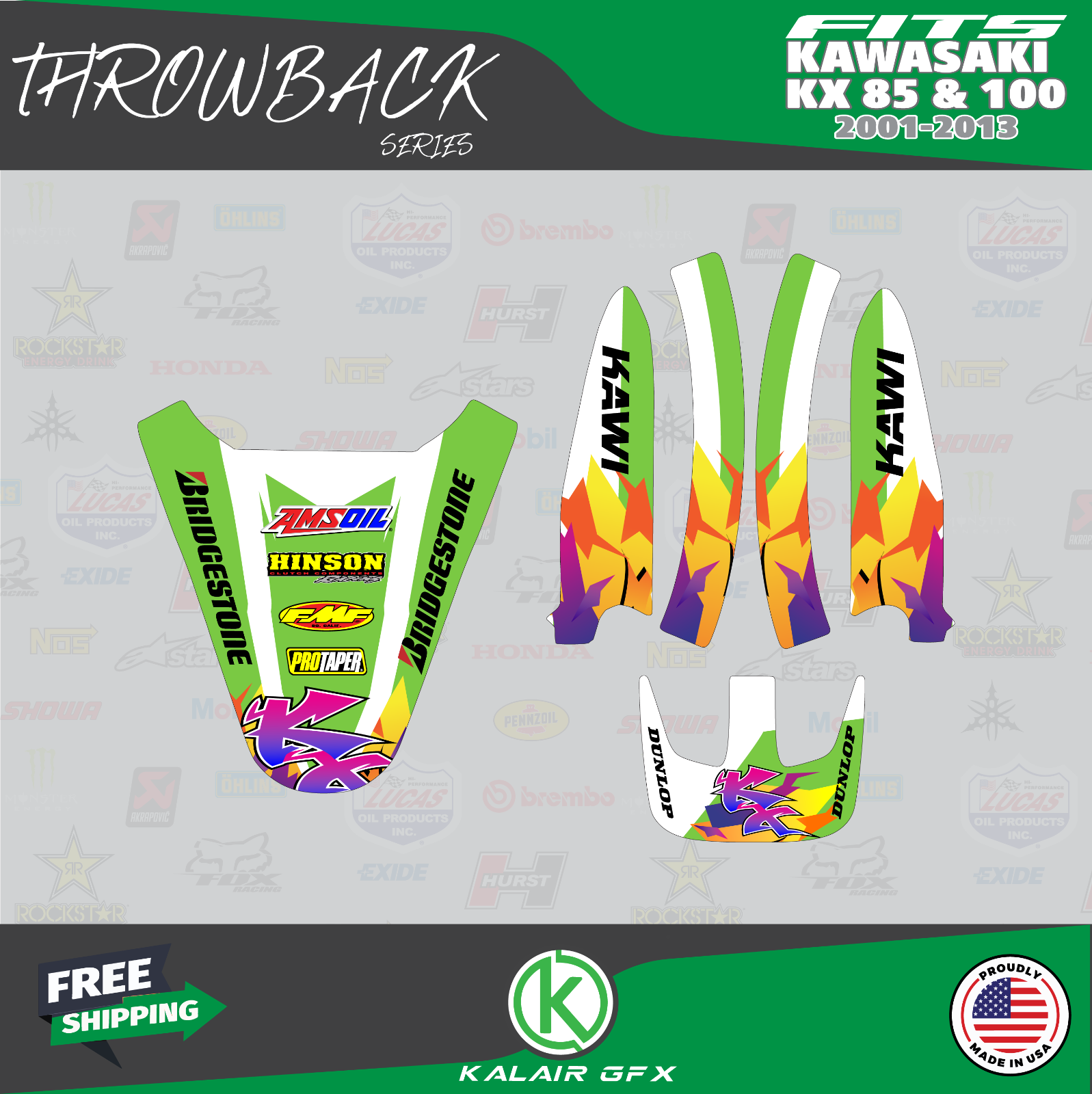 Graphics Kit for Kawasaki KX85 KX100 (2001-2013) KX 85 KX 100 Throwback ...