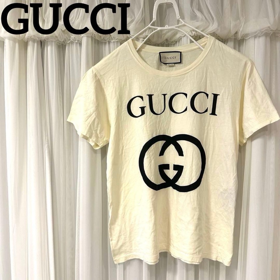 GUCCI Men’s T-Shirt Size M Beige Cotton Logo Short Sleeve Interlocking ...
