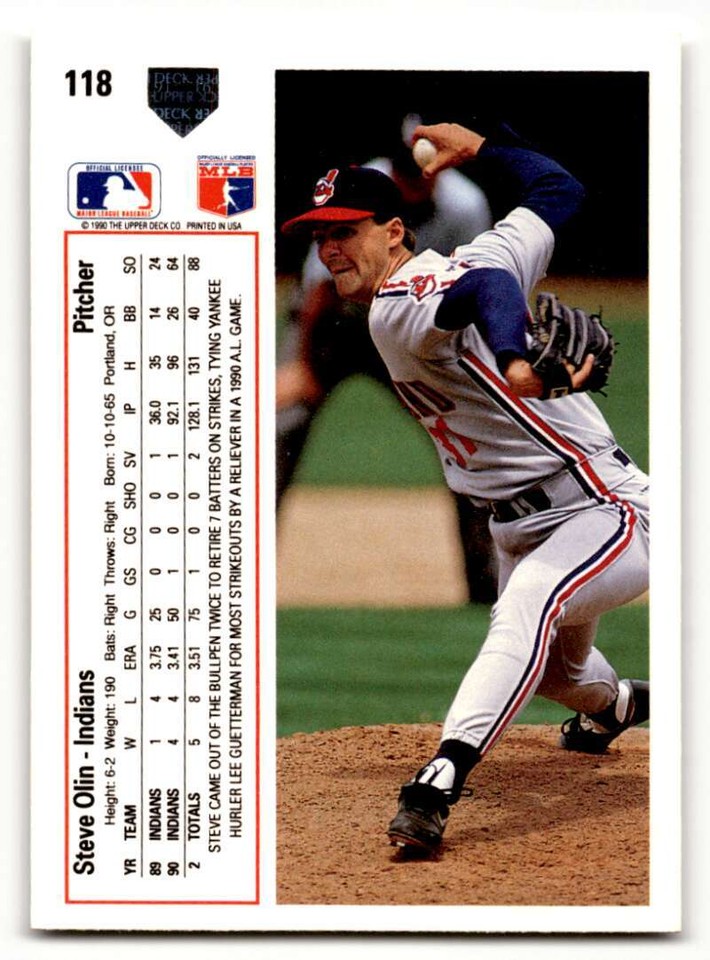 1991 Upper Deck #118 Steve Olin Cleveland Indians Baseball Cards EX/ ID ...