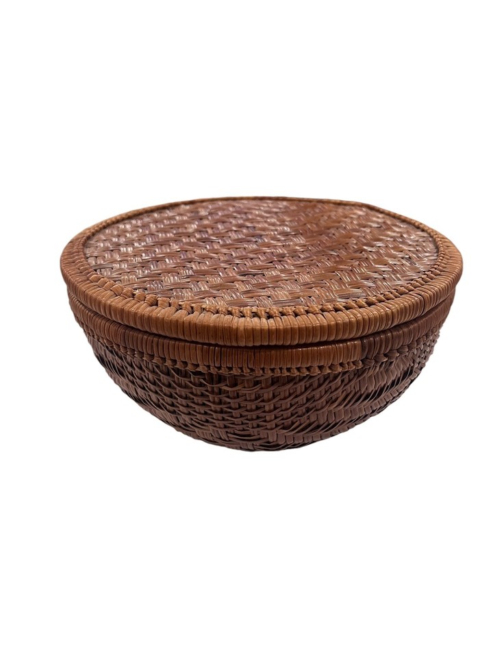 Round Rattan Wicker Fruit Staking Basket with Lid Storage Boho Natural ...