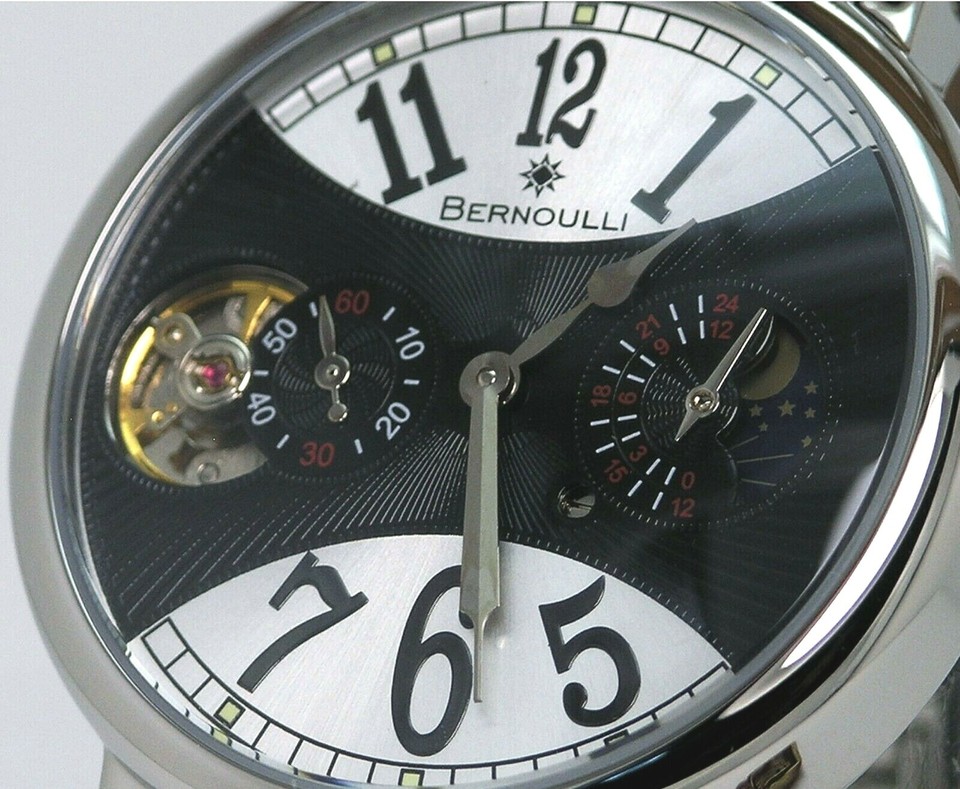 NEW BERNOULLI IDENTITY BLACK WHITE DIAL MECHANICAL WATCH LEATHER OPEN ...