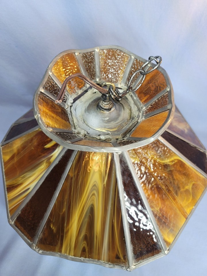 Vintage Tiffany Style Stained Glass Lamp Currier & Ives Brown Hanging ...