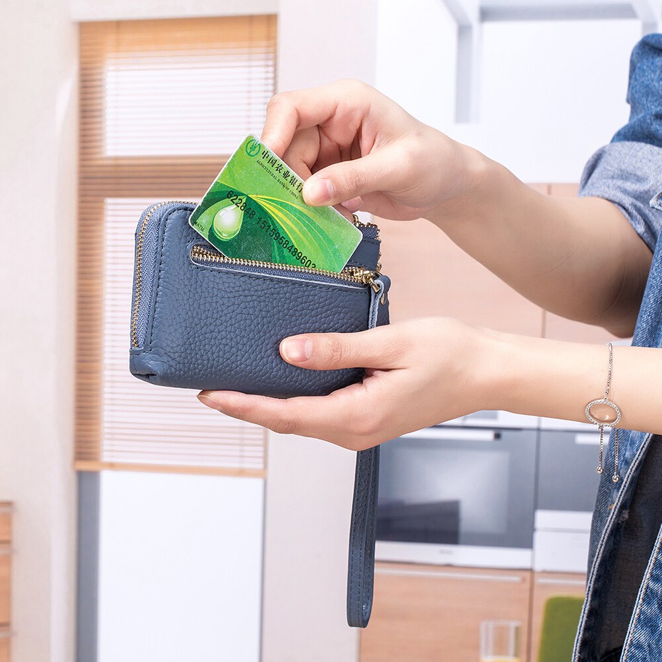 Women Zip Wallet Real Leather Small Clutch Card Holder Wristlet Purse ...