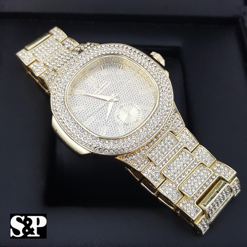 MEN'S HIP HOP QUAVO GOLD PT LUXURY WATCH & FULL ICED CUBAN BRACELET ...