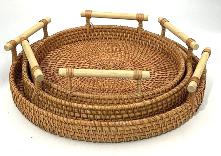 3 Stacking Wicker Rattan Round Handmade Serving Trays with Handles 3 Sizes | eBay