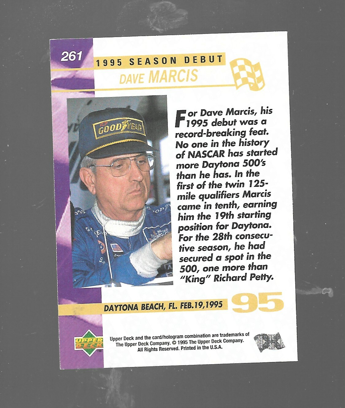 1995 Upper Deck Season Debut Dave Marcis #261 Racing Trading Card ...