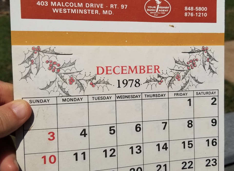 CALENDAR~1979~ADVERTISING~WESTMINSTER, MD~MARYLAND~BOLLINGER INSURANCE ...