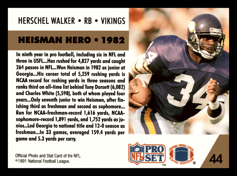 Herschel Walker HOF 1991 Pro Set #44 Heisman Hero Minnesota Vikings ...