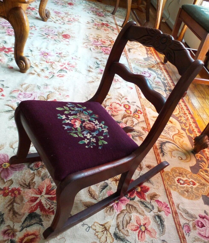 Children's Vintage Duncan Phyfe Rose Mahogany Rocking Chair Needlepoint ...