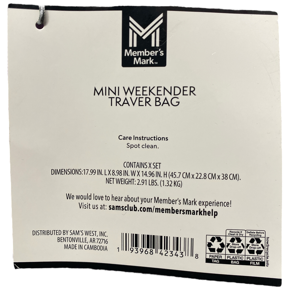 Member's Mark Mini Canvas Weekender Travel Bag with Removable Shoulder ...