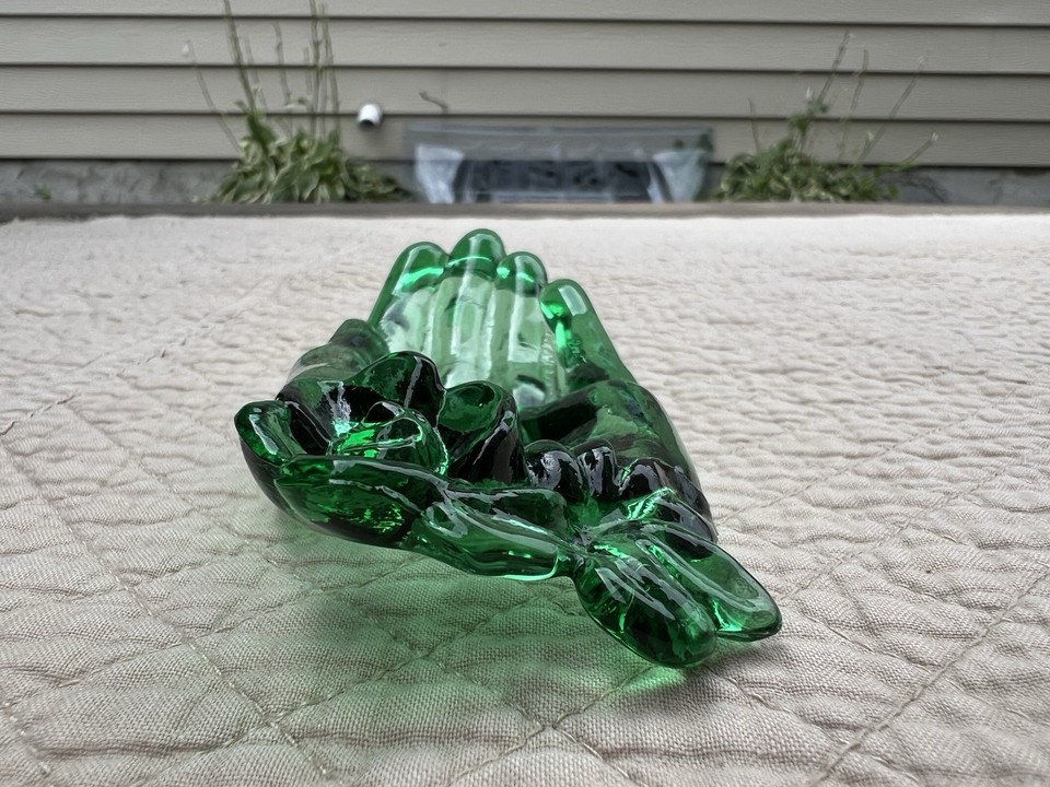 Vintage Degenhart Green Pressed Glass Open Hand Trinket Dish, 4 6/8