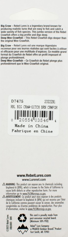 *LOT OF 3* REBEL BIG CRAW CRANKBAIT 7/16OZ D7475 DITCH BROWN CRAWFISH ...