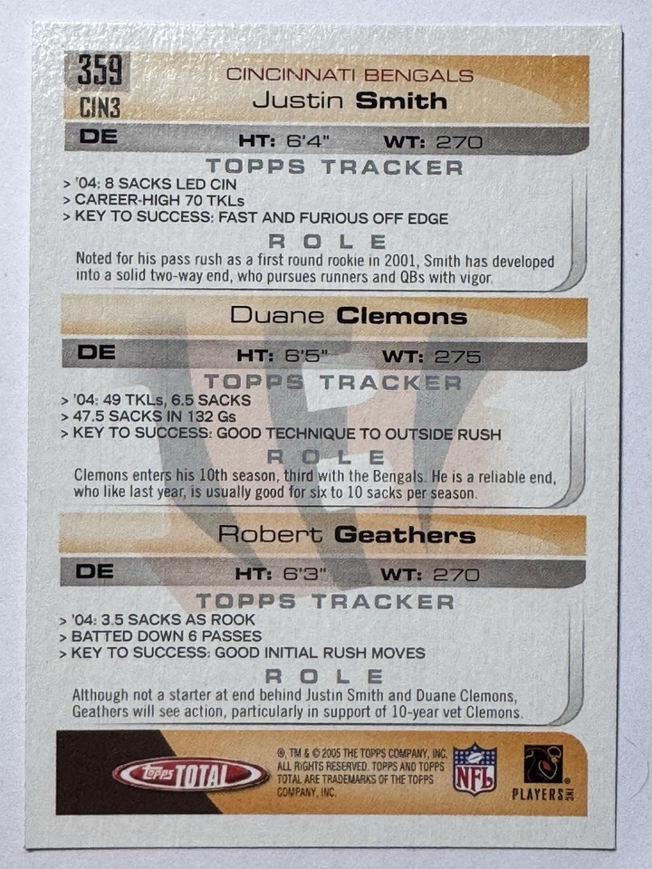 ROBERT GEATHERS, JUSTIN SMITH, DUANE CLEMONS Bengals 2005 Topps Total ...