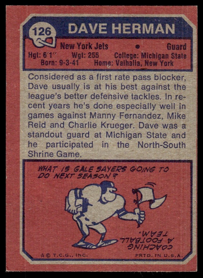 1973 TOPPS DAVE HERMAN NEW YORK JETS #126 | eBay