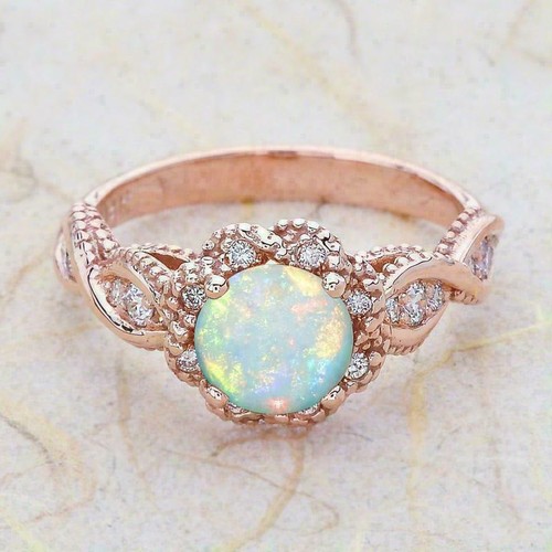 2Ct Round Cut Lab-Created Fire Opal Women's Wedding Ring 14K Rose Gold ...