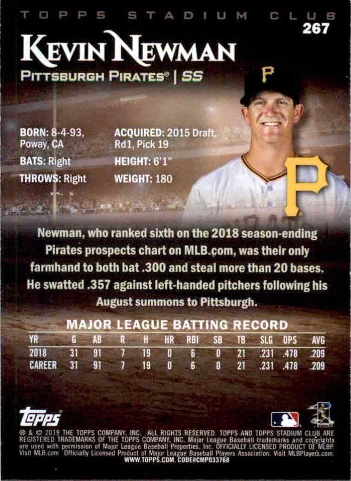 2019 Stadium Club #267 Kevin Newman Pittsburgh Pirates Baseball Card | eBay