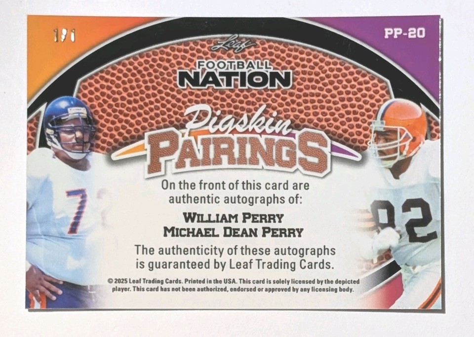 2025 Leaf Football Nation William Perry, Michael Perry Auto 1/1 Pigskin ...