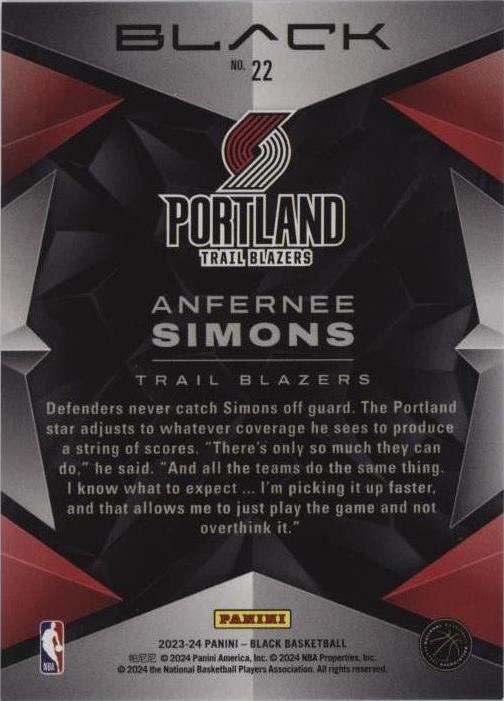 2023-24 Panini Black - Anfernee Simons #22 | eBay