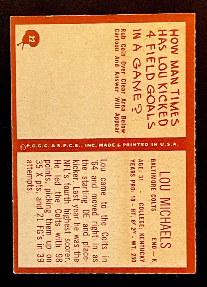1967 Philadelphia #22 Lou Michaels Baltimore Colts Vintage Football ...
