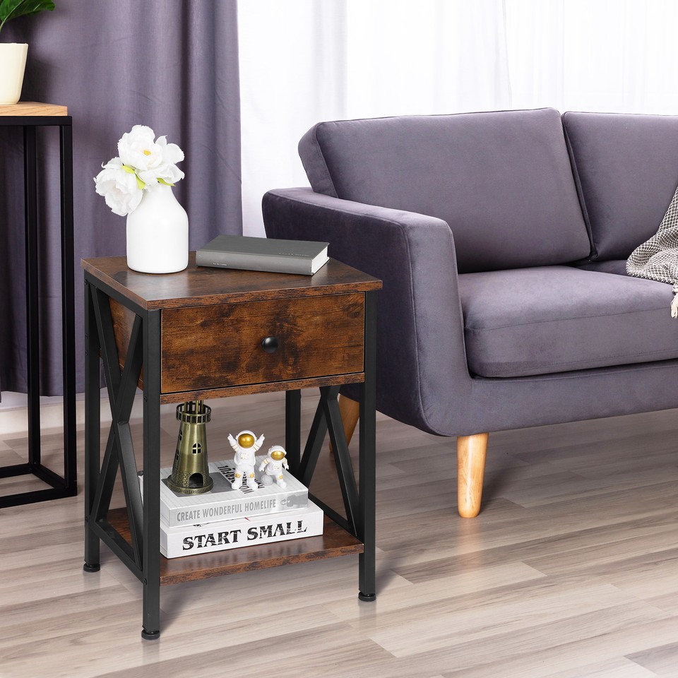 Set of 4 Brown End Table W/ Drawers X Design Small Wooden Side Table ...