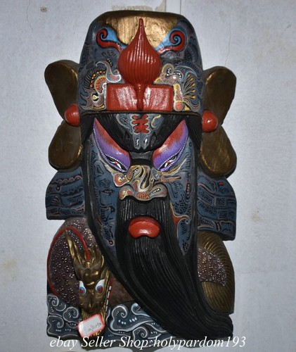 20" Old Chinese Wood Painting Dynasty General Guan Gong yu Mask Wall ...