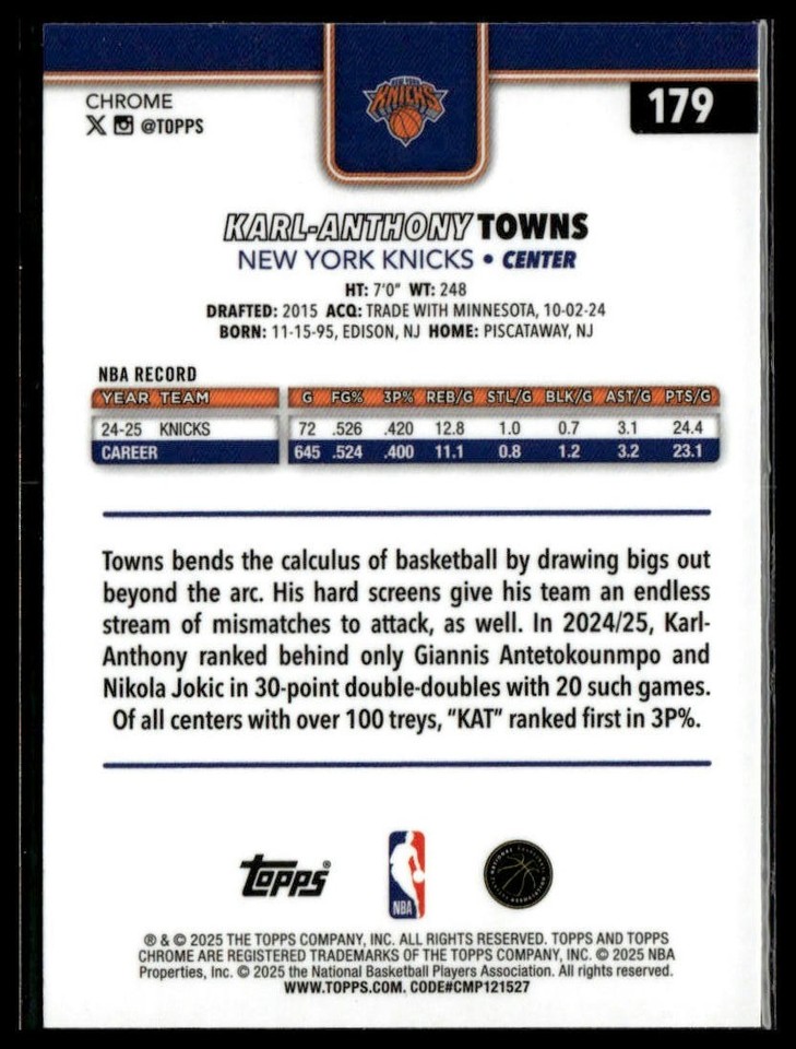 2025-26 Topps Chrome #179 Karl-Anthony Towns X-Fractor | eBay