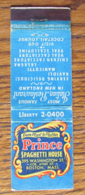 BOSTON, MASSACHUSETTS MATCHBOOK COVER: PRINCE SPAGHETTI HOUSE 1950s ...