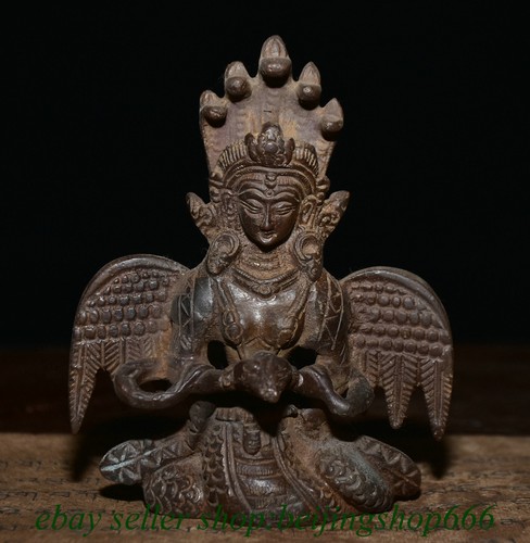 4" Old Tibet Tibetan Bronze 5-Heads Snake Naga Kanya Statue Sculpture ...