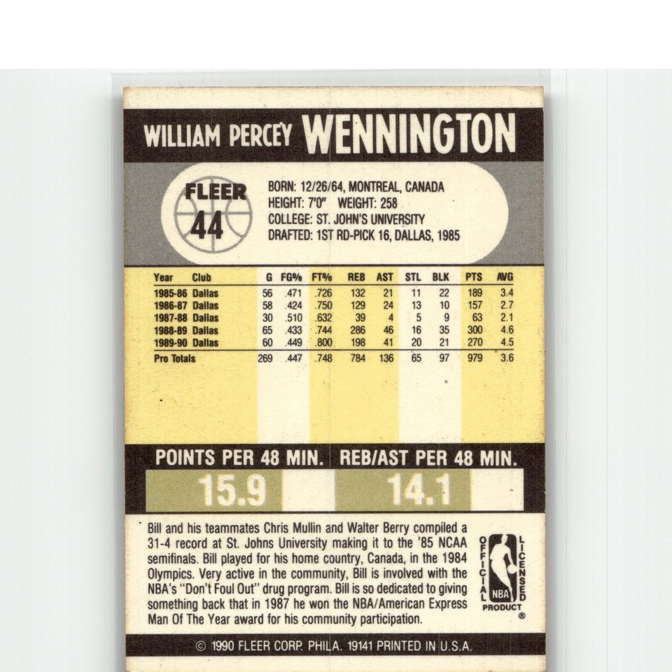 1990-91 Fleer #44 Bill Wennington Dallas Mavericks Basketball Card | eBay