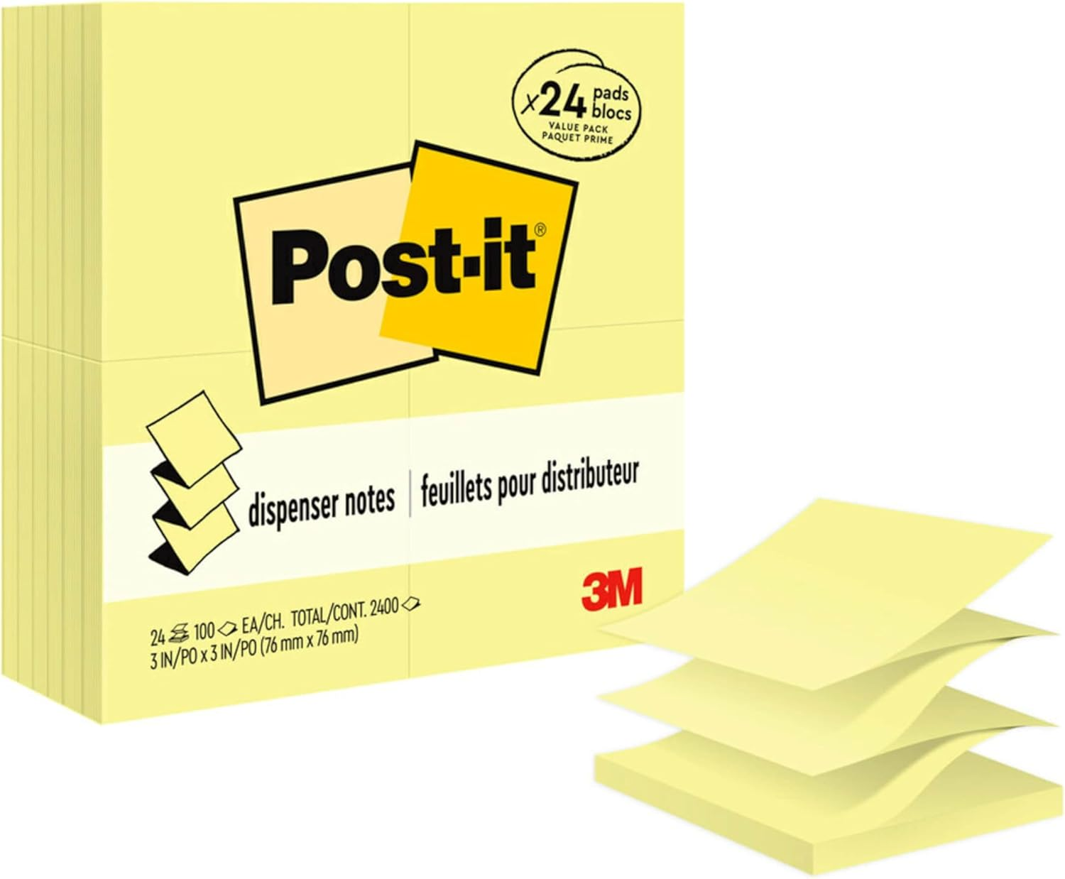 Dispenser Pop-Up Notes, 3X3 In, 24 Pads, Canary Yellow, Clean Removal ...