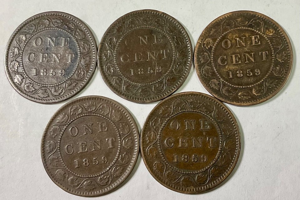 1859 Canada Large Cents lot of 5 pieces mixed grade coins includes 1859 ...