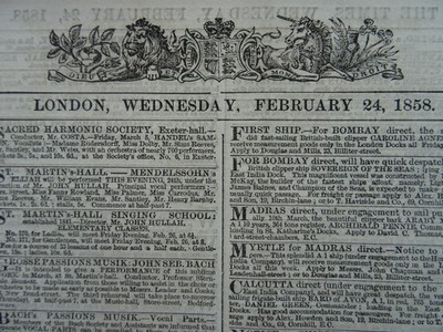 1858 THE LONDON TIMES Wednesday 24th February 1858 Antique Victorian ...