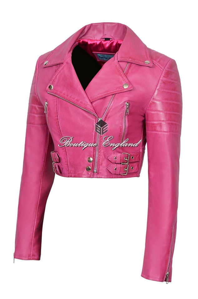 Ladies Short Body Leather Jacket Fuchsia Pink Biker Style 100% REAL ...