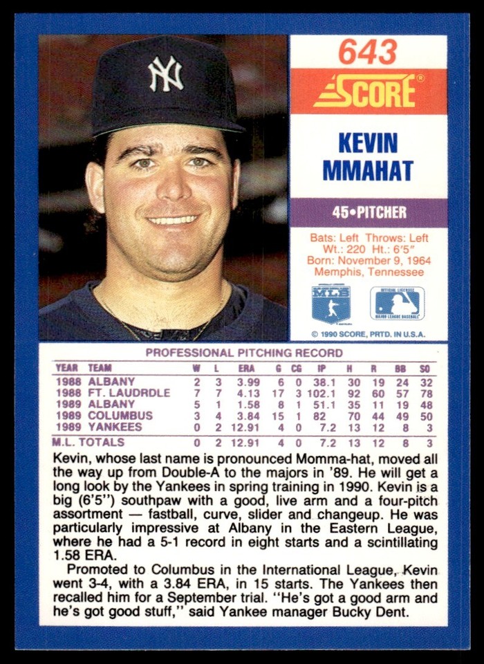 Kevin Mmahat #643 New York Yankees 1990 Score Baseball Card | eBay