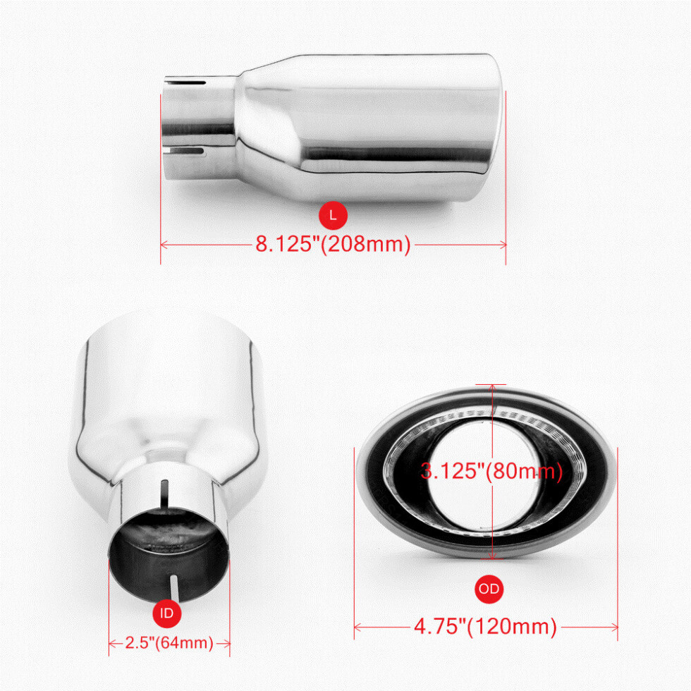 Clamp on 2.5" Inlet Resonated Slant Oval Out Exhaust Tip 304 Stainless ...