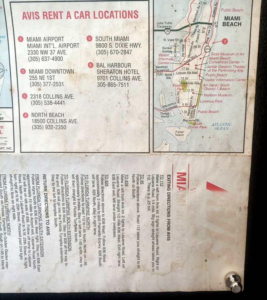 1995 Southern Florida Avis Rent A Car Locations Map | eBay