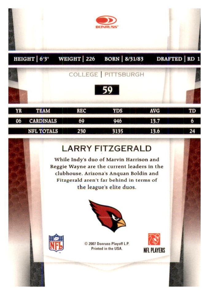 2007 Certified Larry Fitzgerald NFL Base Card PWE Set Break Cardinals ...