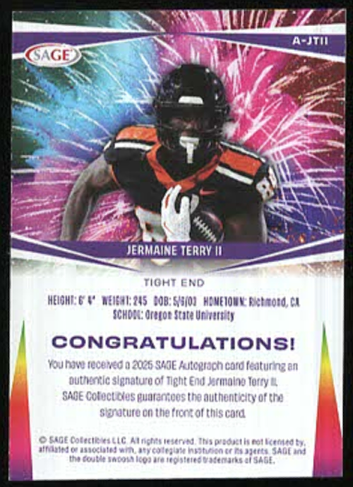 2025 Sage High Series - Autographs Jermaine Terry #A-JTII Red (AU, RC ...