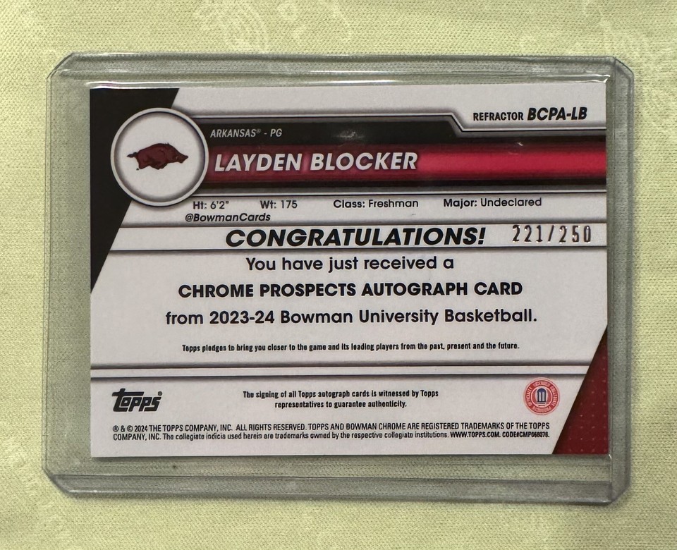 LAYDEN BLOCKER 1st 2023-24 Bowman Chrome U REFRACTOR AUTO #’d 221/250 ...
