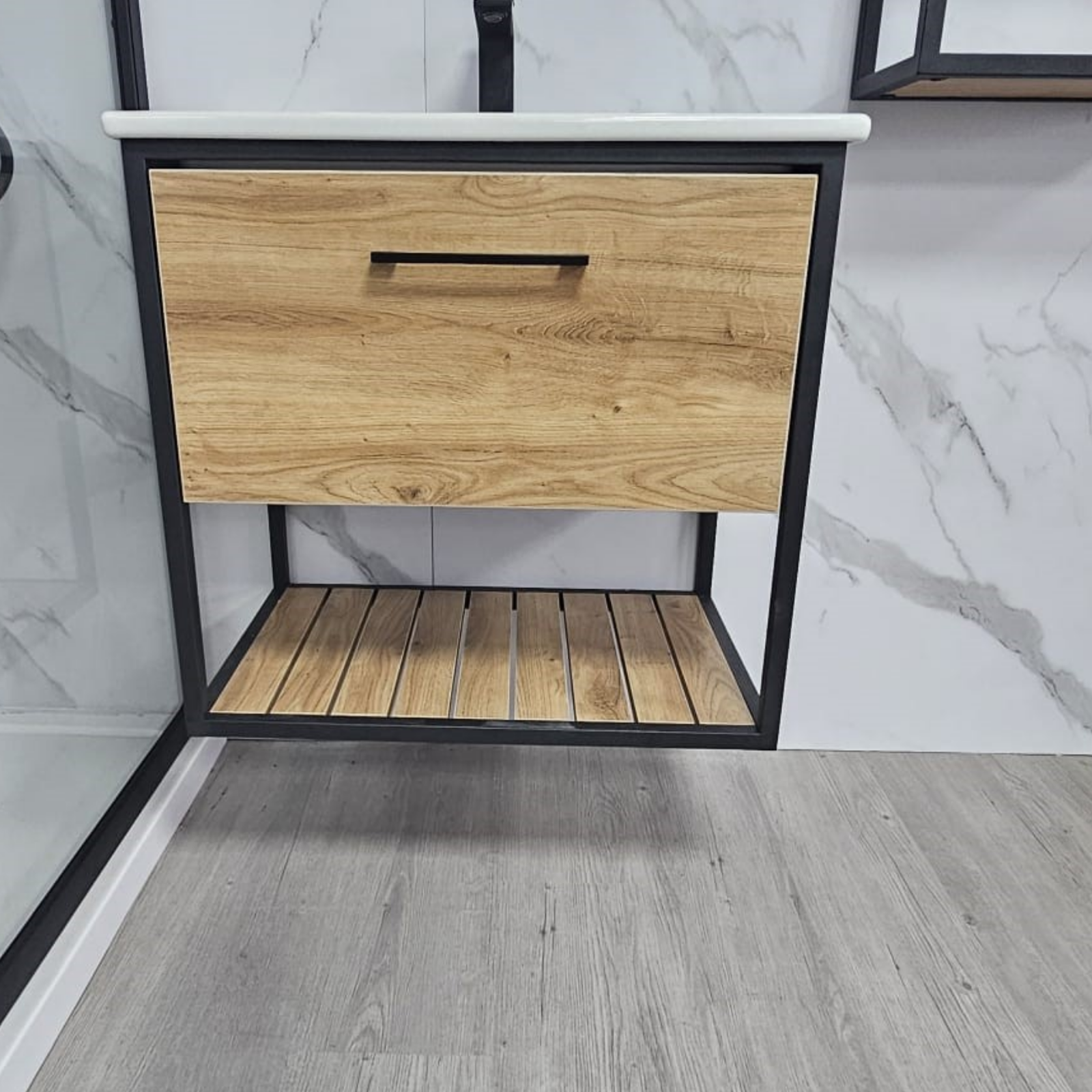 Wall Hung Bathroom Vanity Unit 65cm Matt Black Frame Storage Unit 900 ...