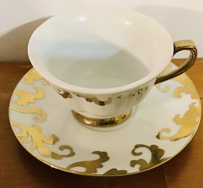 Ciroa Luxe Tea Cup & Saucer Set White with Metallic Gold Scroll Swirl ...