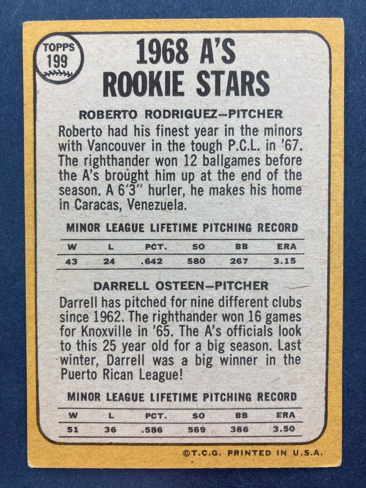 1968 Topps #199 A's Rookie Stars: Roberto Rodriguez & Darrell Osteen ...