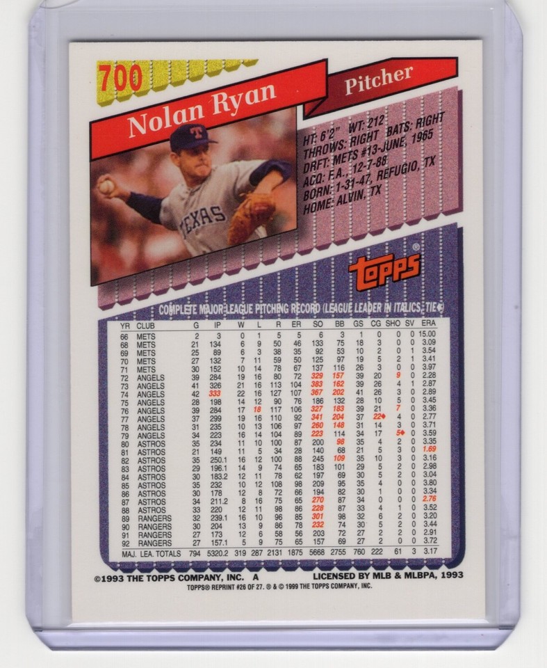 NOLAN RYAN 1998 TOPPS MLB BASEBALL COMMEMORATIVE INSERT CARD #26 ...