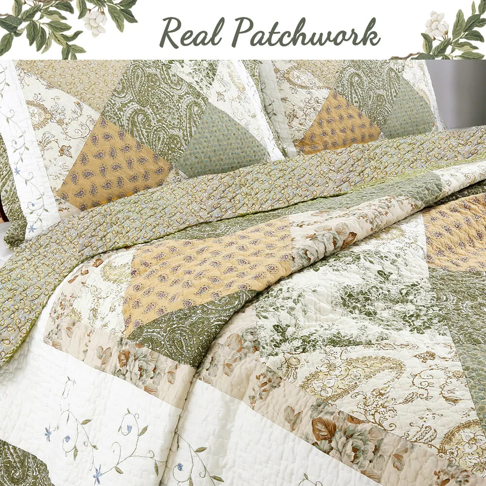 NEW! ~ COZY COTTAGE CHIC PATCHWORK IVORY BROWN SAGE GREEN COUNTRY QUILT ...