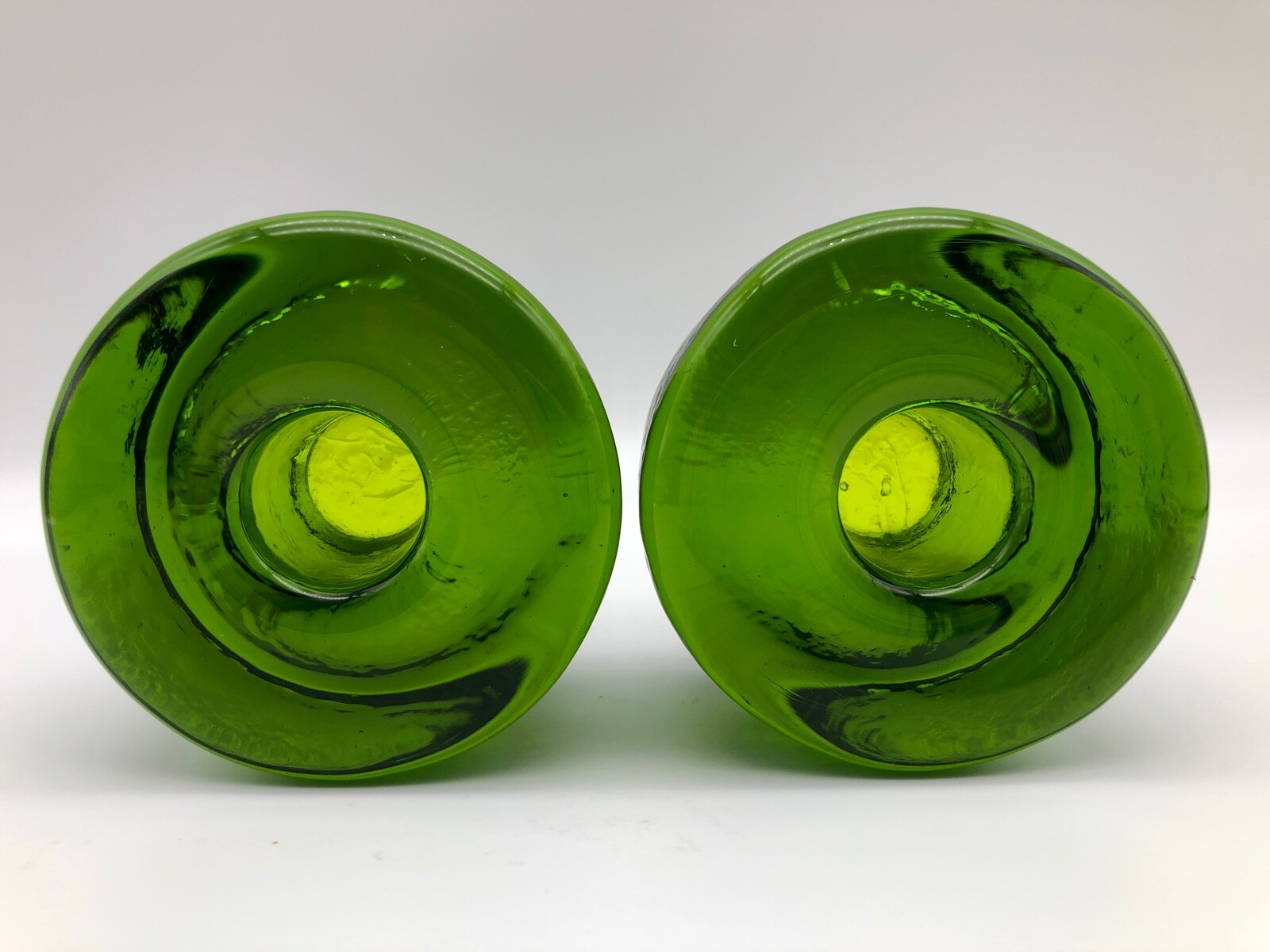Blenko Recycled Glass Taper Candle Holders Green Puck Shape Set of 2 | eBay